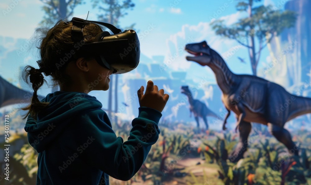 A child is immersed in a prehistoric world, exploring a virtual reality ...
