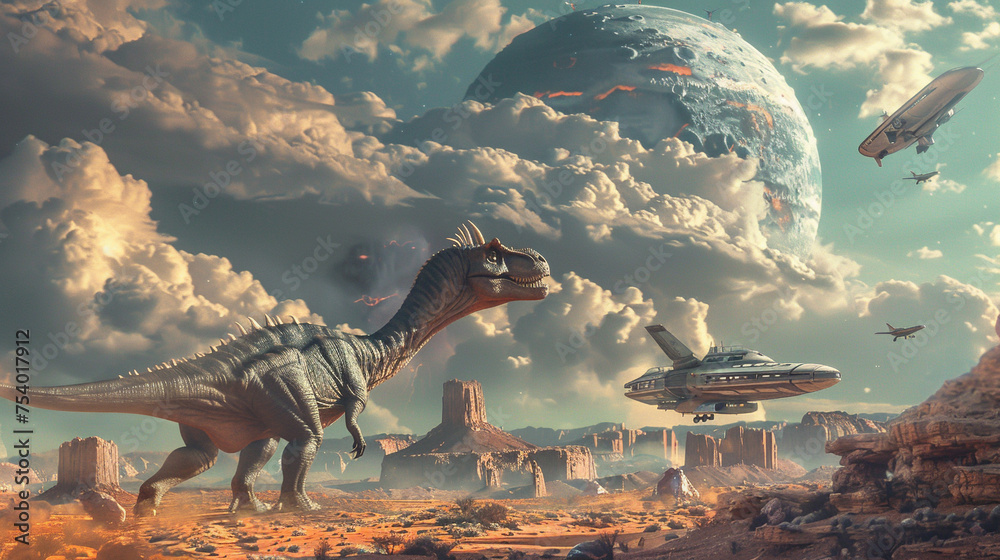 A large dinosaurs is running through a desert with a spaceship in the ...