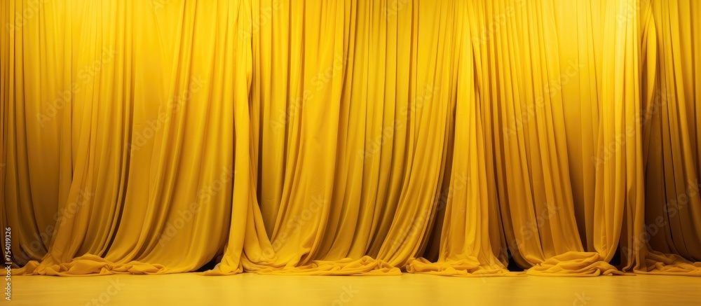 The room features a bright yellow curtain hanging against a white floor ...