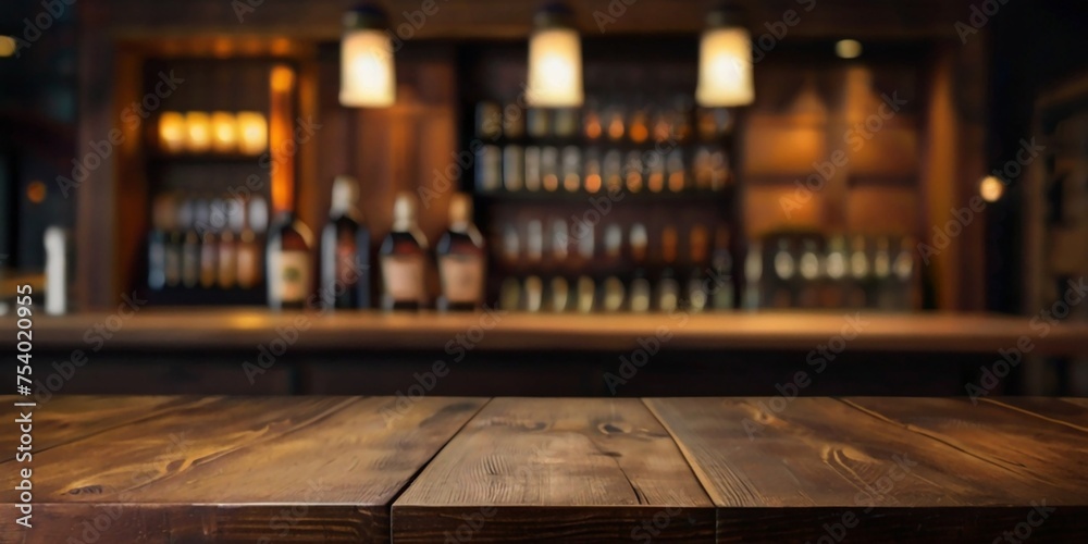 Rustic empty wooden table top of bar counter liquor store with copy ...