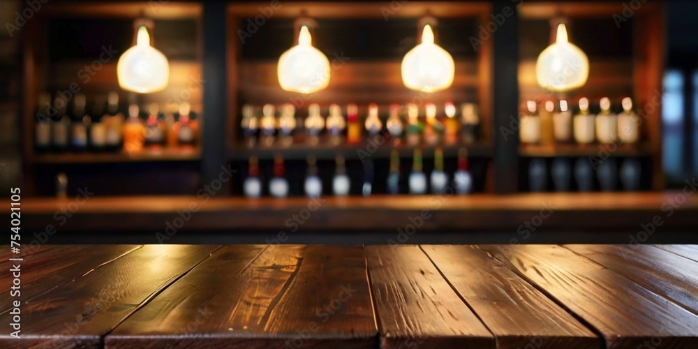 Rustic empty wooden table top of bar counter liquor store with copy ...