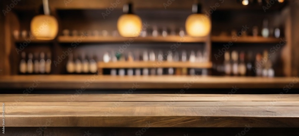 Rustic empty wooden table top of bar counter liquor store with copy ...