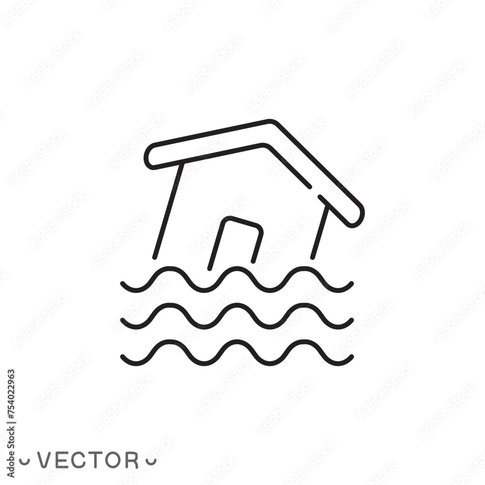 Vecteur Stock flood buildings icon, house in water waves, flooding ...