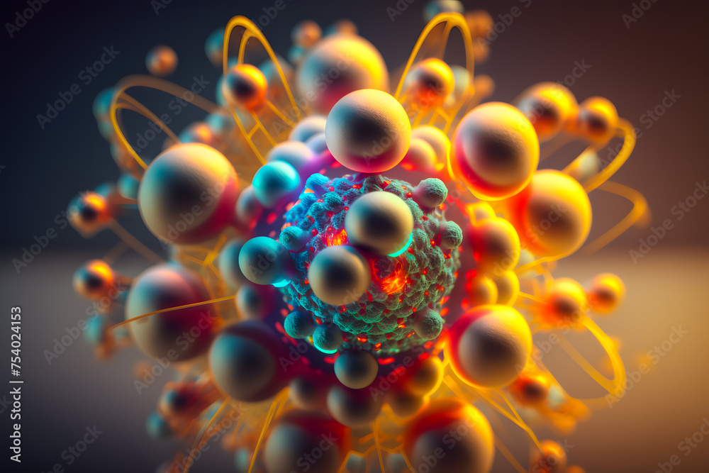 Enlarged model of an atom with a nucleus of protons, neutrons and ...