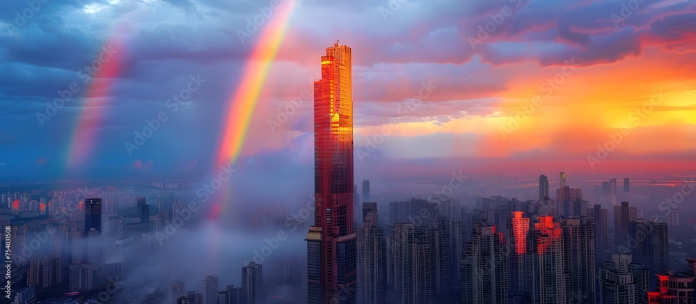 Rainbow Emerging Over Chongqing Skyscraper at Sunset, To showcase the ...