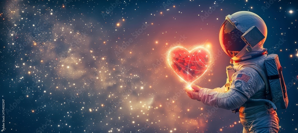Astronaut floating in space holding glowing heart with earth in ...