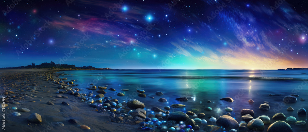 Night view of the starry sea From the coast to the horizon there is a ...