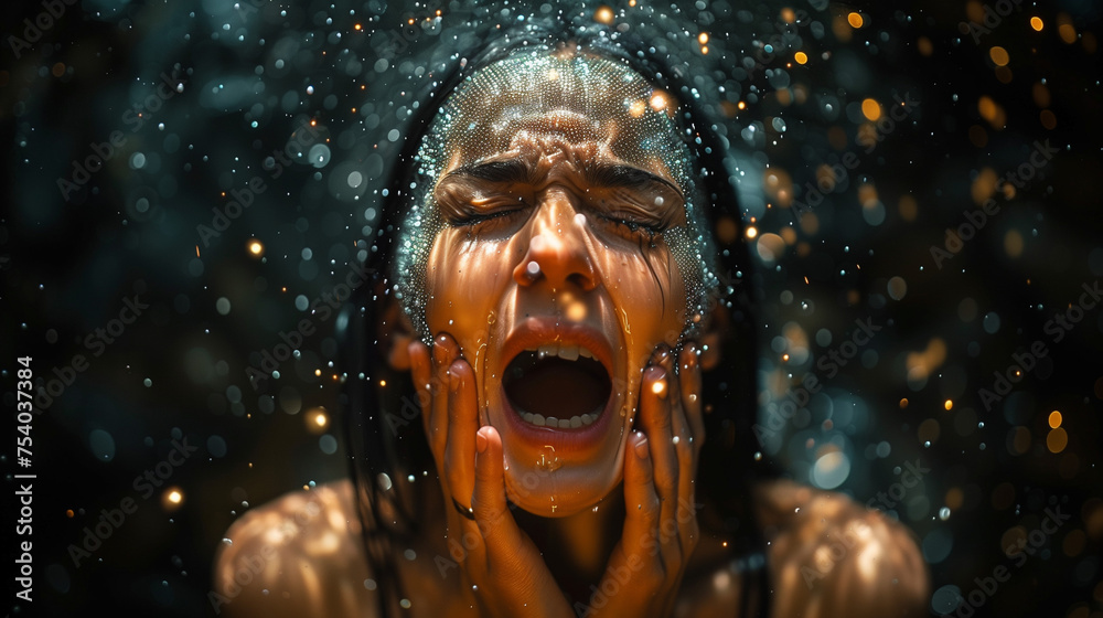Catharsis : visage de femme qui explose en larmes dans un long cri ...