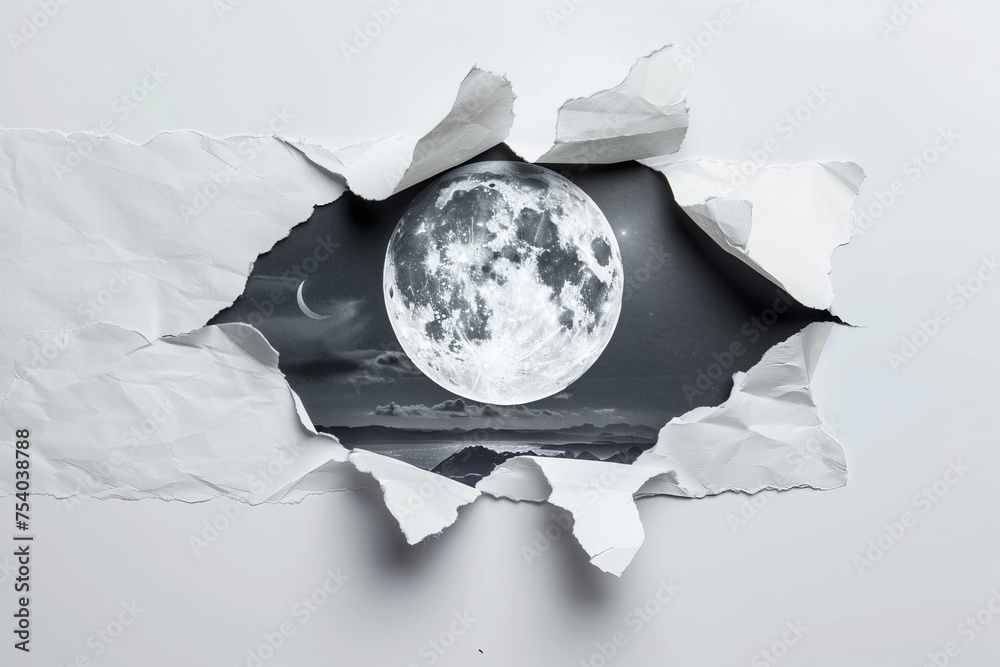 dreamlike scene unfolds as a crescent moon peeks through a jagged tear ...