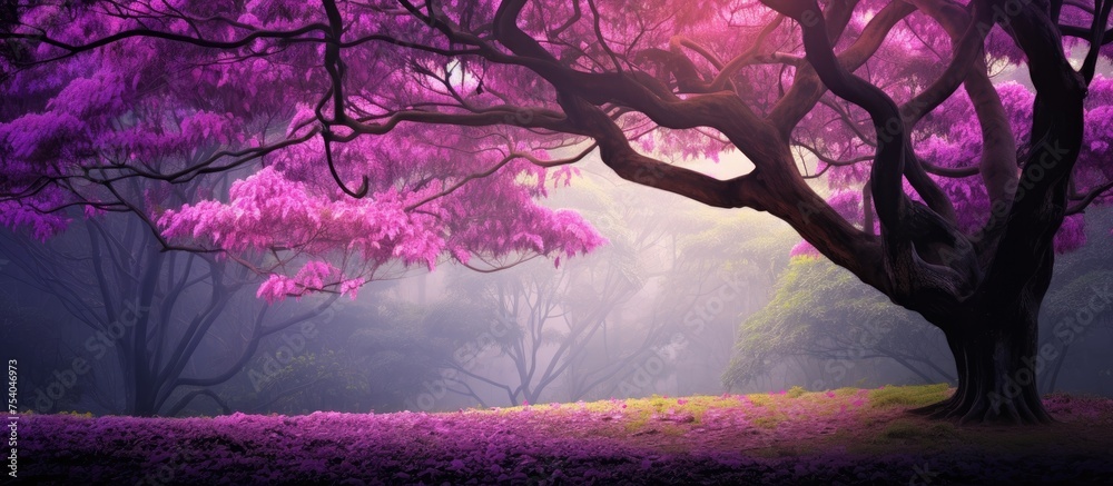 A painting depicting a vibrant pink tree as the focal point in the ...