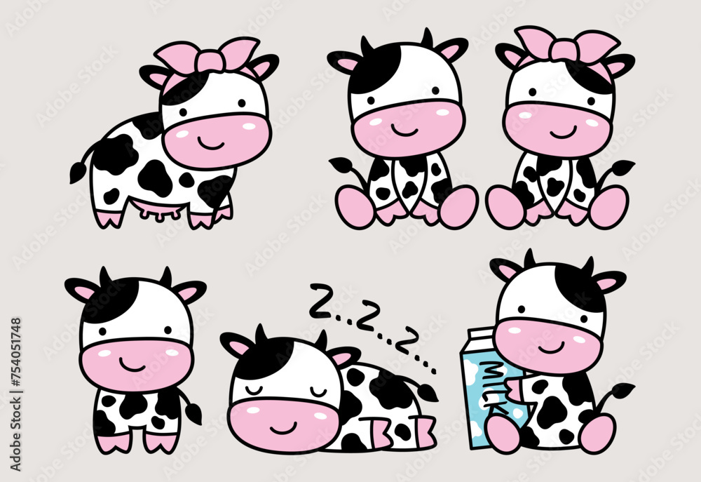 Cute baby boy and girl cow sitting, standing, and sleeping. Vector ...