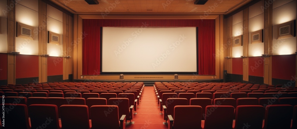 An empty cinema auditorium with red seats lined up facing a projector ...