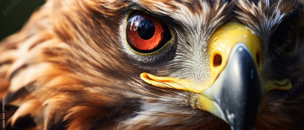 macro close-up of an eagle's hawk bird face with its sharp eyes, beak ...