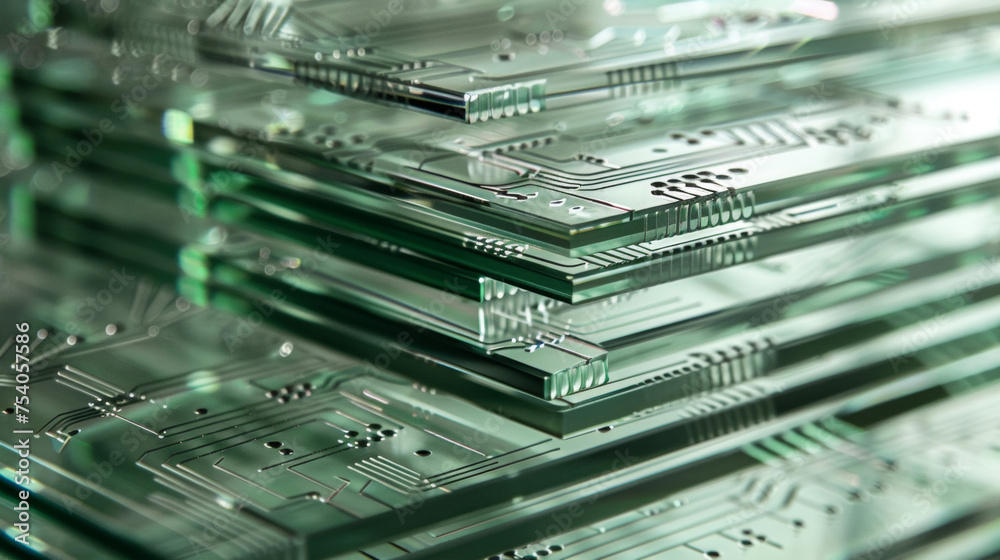 Closeup of a stack of transparent glass panels each one etched with ...