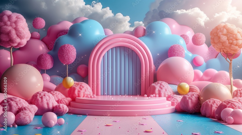 Playful Candyland Podium Stage Set for Gourmet Sweets Introduction ...