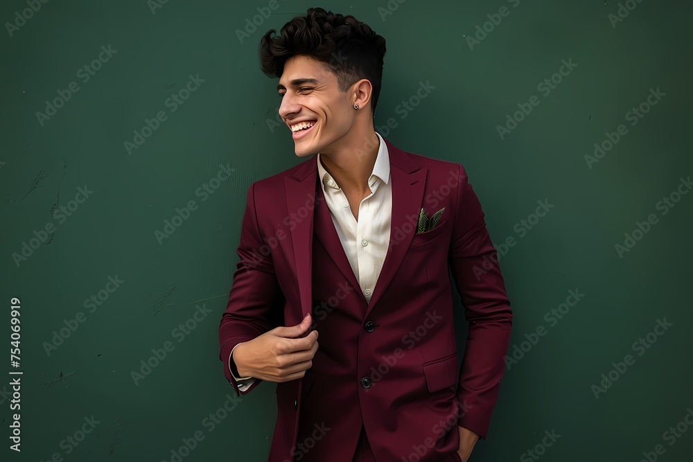 A captivating male model wearing a classy maroon suit, flashing a ...