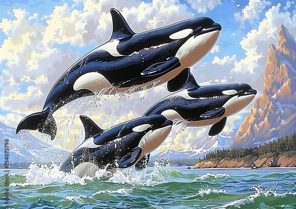 Pod of orcas leaping joyfully above the ocean's surface with majestic ...