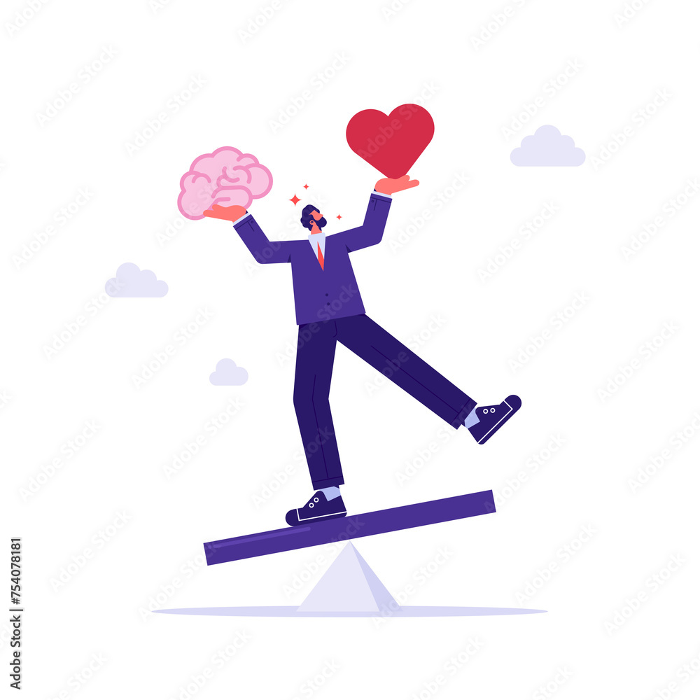 Businessman balancing between brain and heart on scale, emotions vs ...