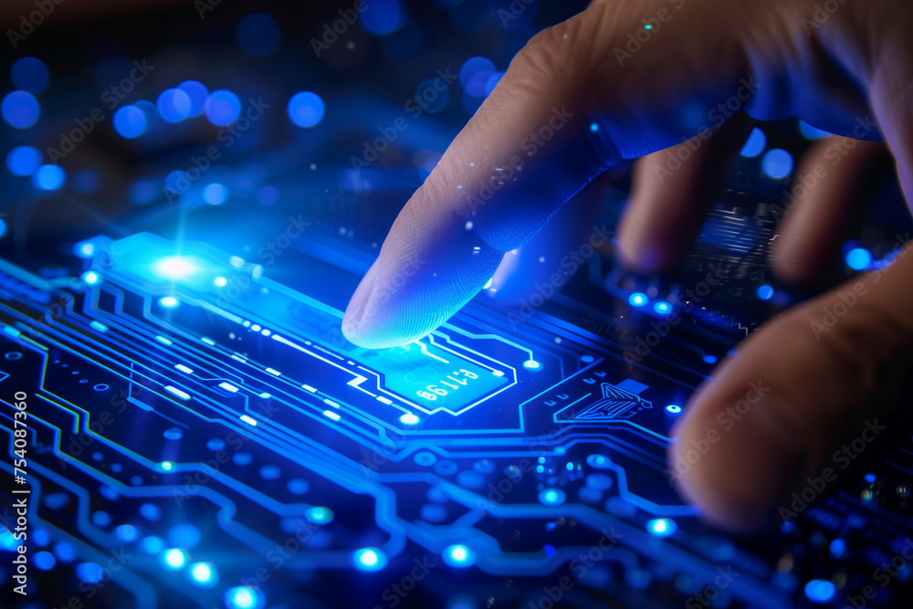 Button pressed on touch interface in futuristic digital design ...