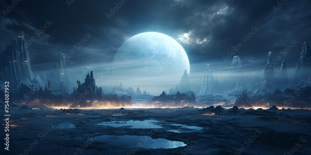 Spaceship landing on a planet with a distant city in the background ...