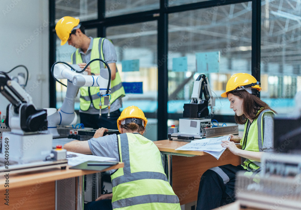 Trainees programing robotic arm in practical lesson at robotics academy ...