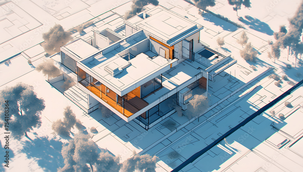 A 3D architectural model of a house positioned over blueprints ...