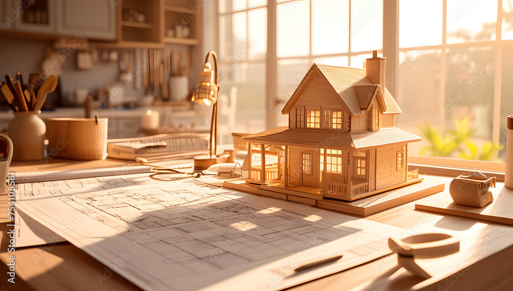 A 3D architectural model of a house positioned over blueprints ...