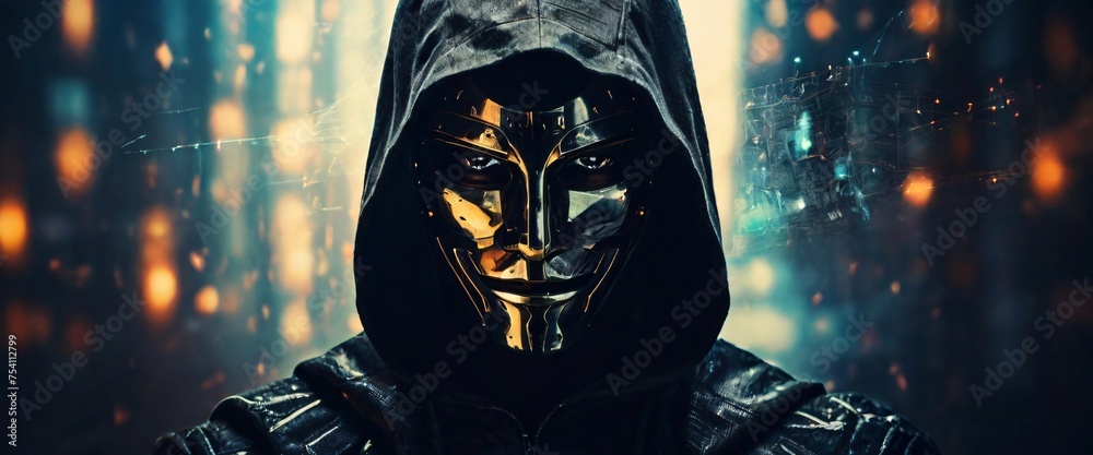 Portrait of anonymous robotic hacker. is in a sihouette double exposure. In the background is a ...