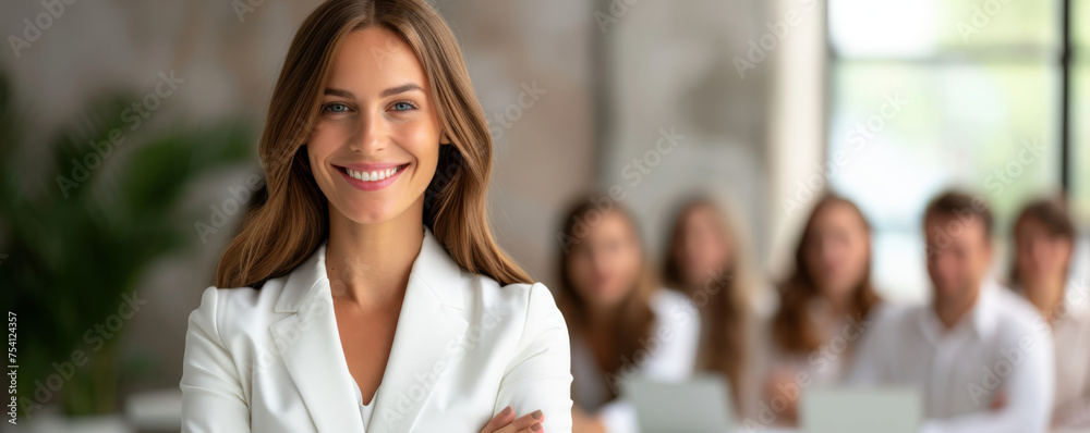 A smiling female manager, dressed in a white suit, stands confidently ...
