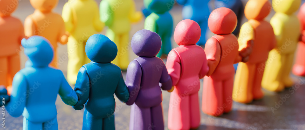 Bright, colorful figurines hold hands in unity, representing diverse ...