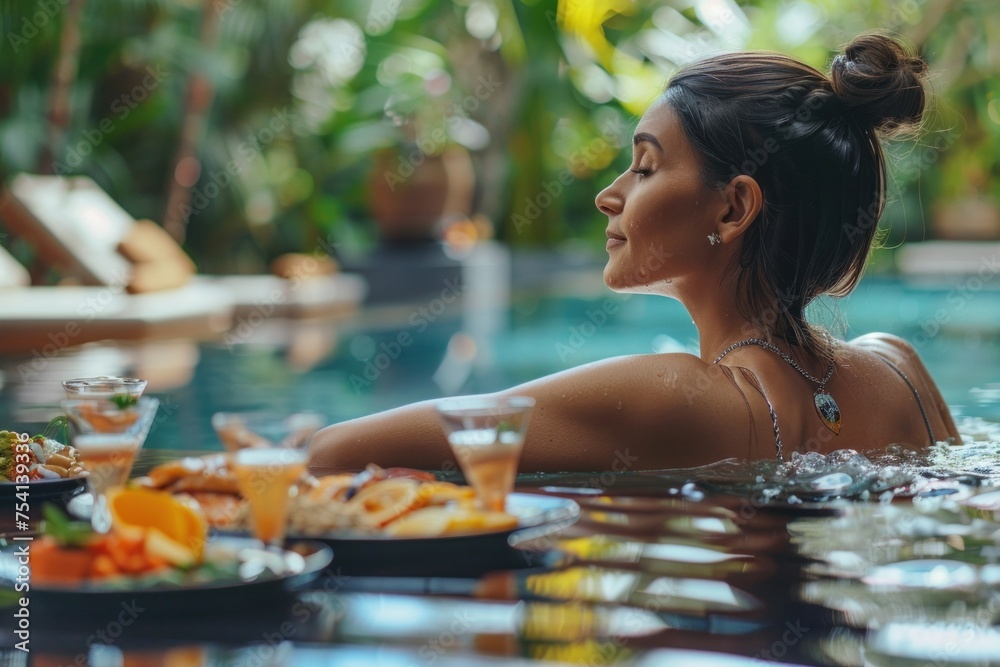 Healthy woman lounging by pool at tropical resort - Leisurely lifestyle ...