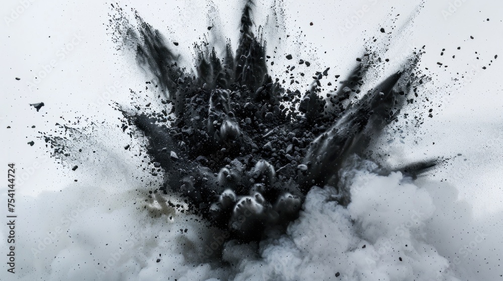 Explosive burst of black powder creating dynamic cloud of fine ...