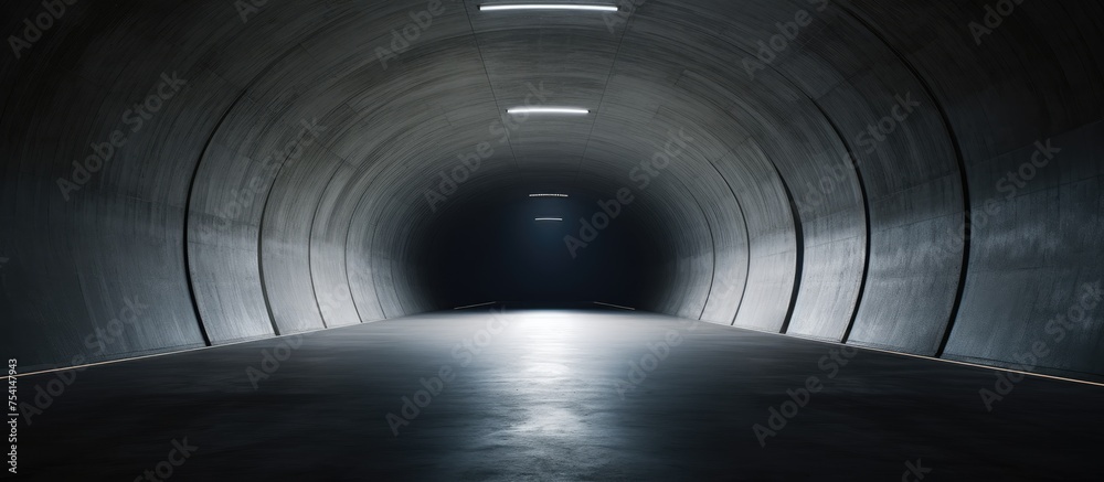 The dark tunnel, made of concrete, leads towards a bright light at the ...