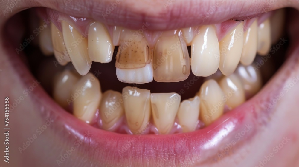 Ugly smile. Closeup open mouth with very bad crooked teeth, caries ...