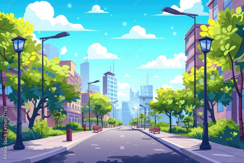 Charming vector cartoon depiction of a lively urban street, with ...