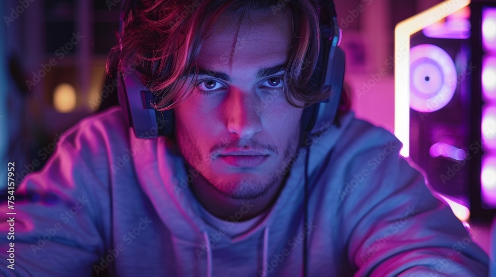 Professional male gamer streams live with neon lights in a retro arcade ...