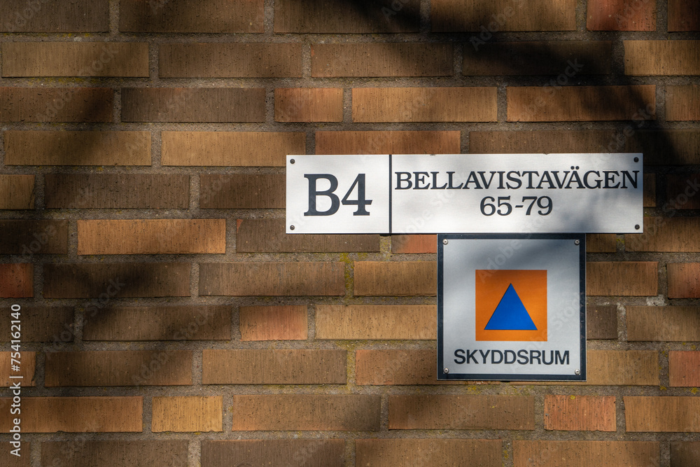 Standard sign informing about (Skyddsrum) a location of shelter or ...
