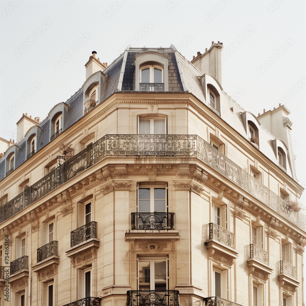 The façade of a traditional Haussmannien Parisian apartment building ...