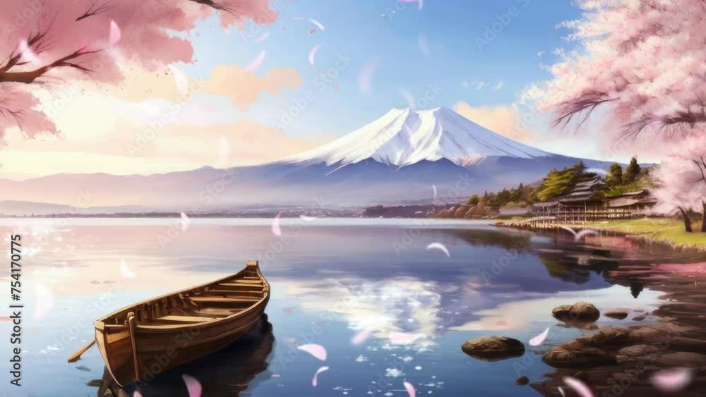 Natural views of lake and Mount Fuji. There are cherry blossom trees ...