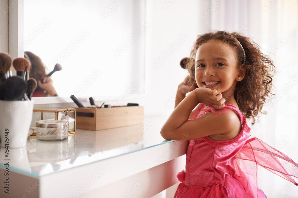 Child, mirror and portrait with makeup in bedroom for cosmetics on skin ...