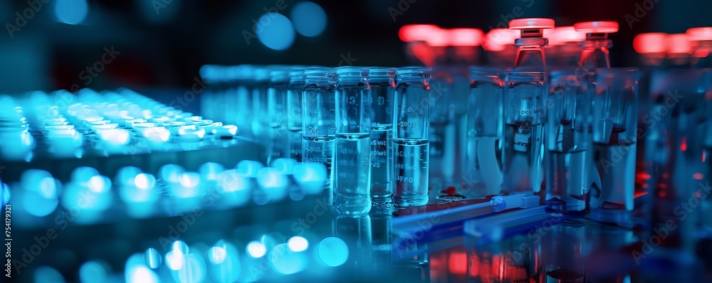 Precision lab vials filled with clear liquid, backlit by a striking ...