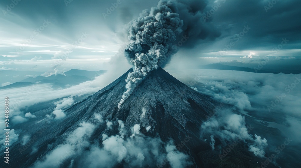 Aerial view of a large volcano erupting A large volcano erupts ...