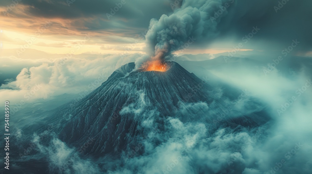 Aerial view of a large volcano erupting A large volcano erupts ...