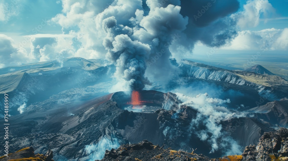 Aerial view of a large volcano erupting A large volcano erupts ...