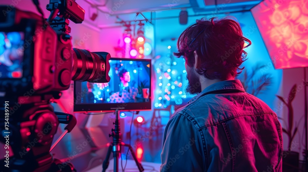 Professional Filmmaker Capturing Stunning Visuals in a Colorful Studio ...