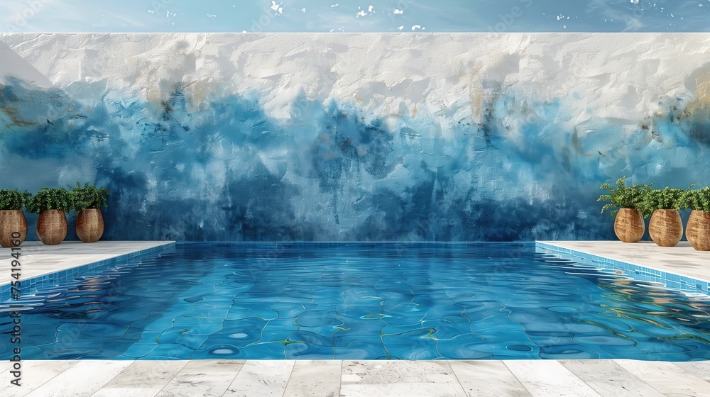 Swimming pool flanked by artistic wall murals and rustic planters ...