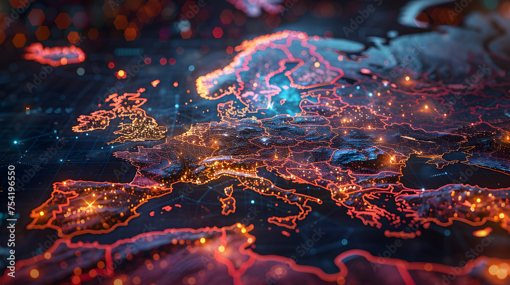 digital map of Western Europe, concept of European global network and ...