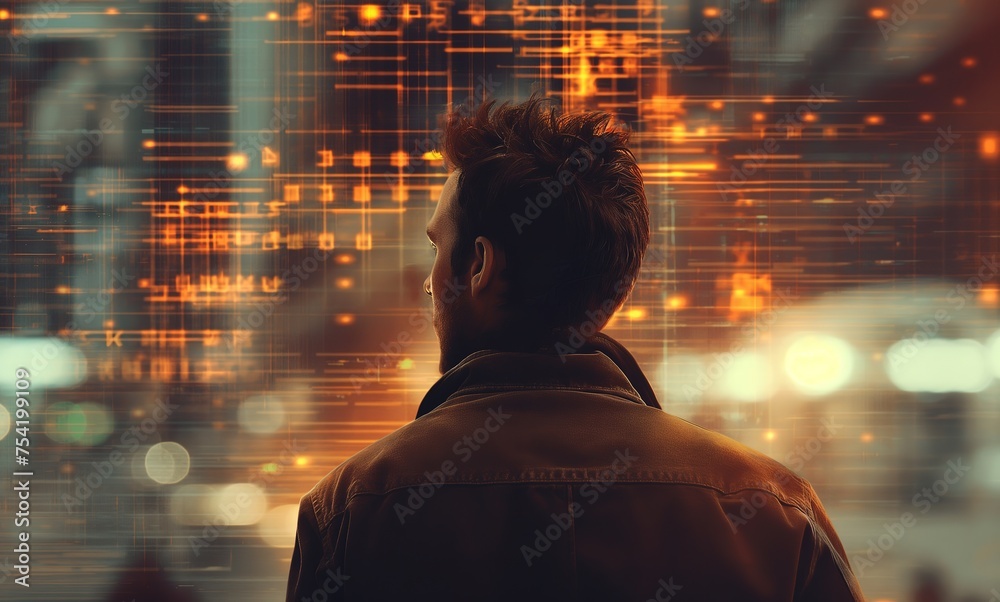 a man looking on bigdata on screen finding the trace of something, data ...