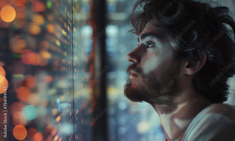 a man looking on bigdata on screen finding the trace of something, data ...