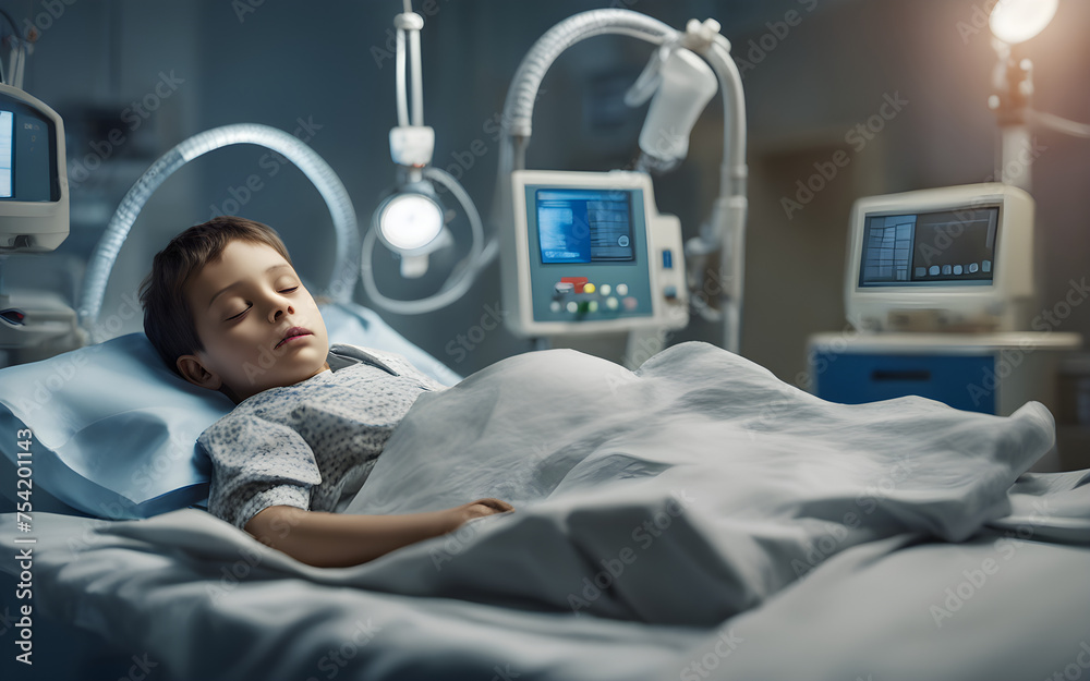 5 years old boy lying in a coma in a hospital ward, connected to life ...
